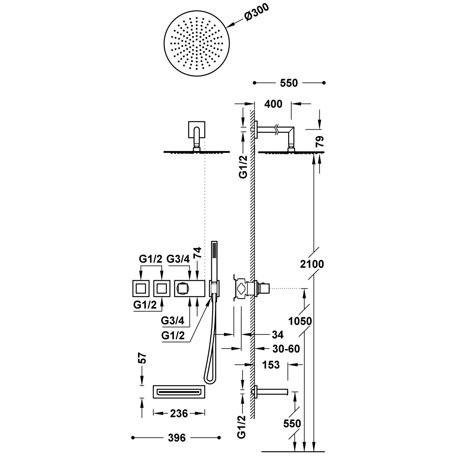 BLOCK SYSTEM Block System 3-way concealed thermostatic mixer tap kit ...