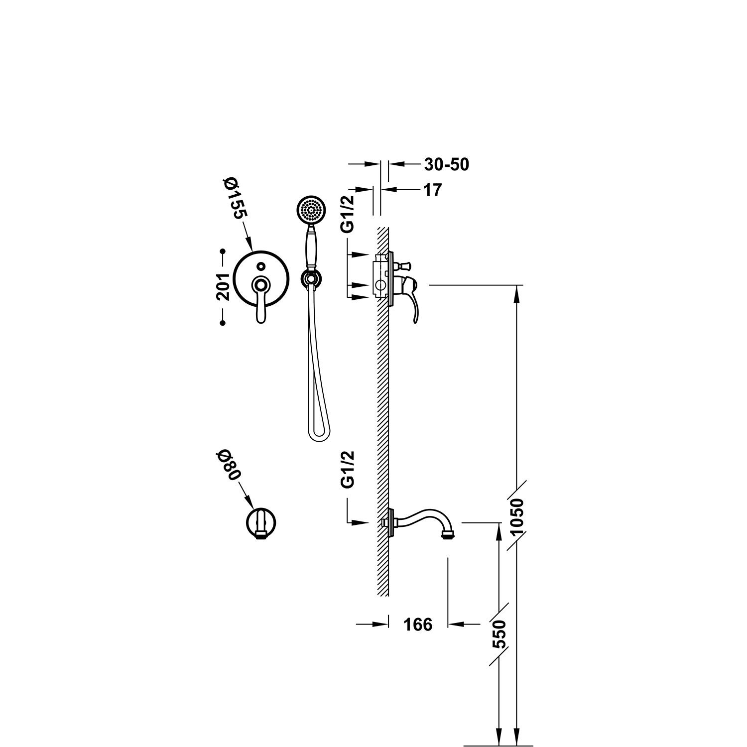 TRES-CLASIC 2-way concealed single-handle shower mixer tap kit-24218005